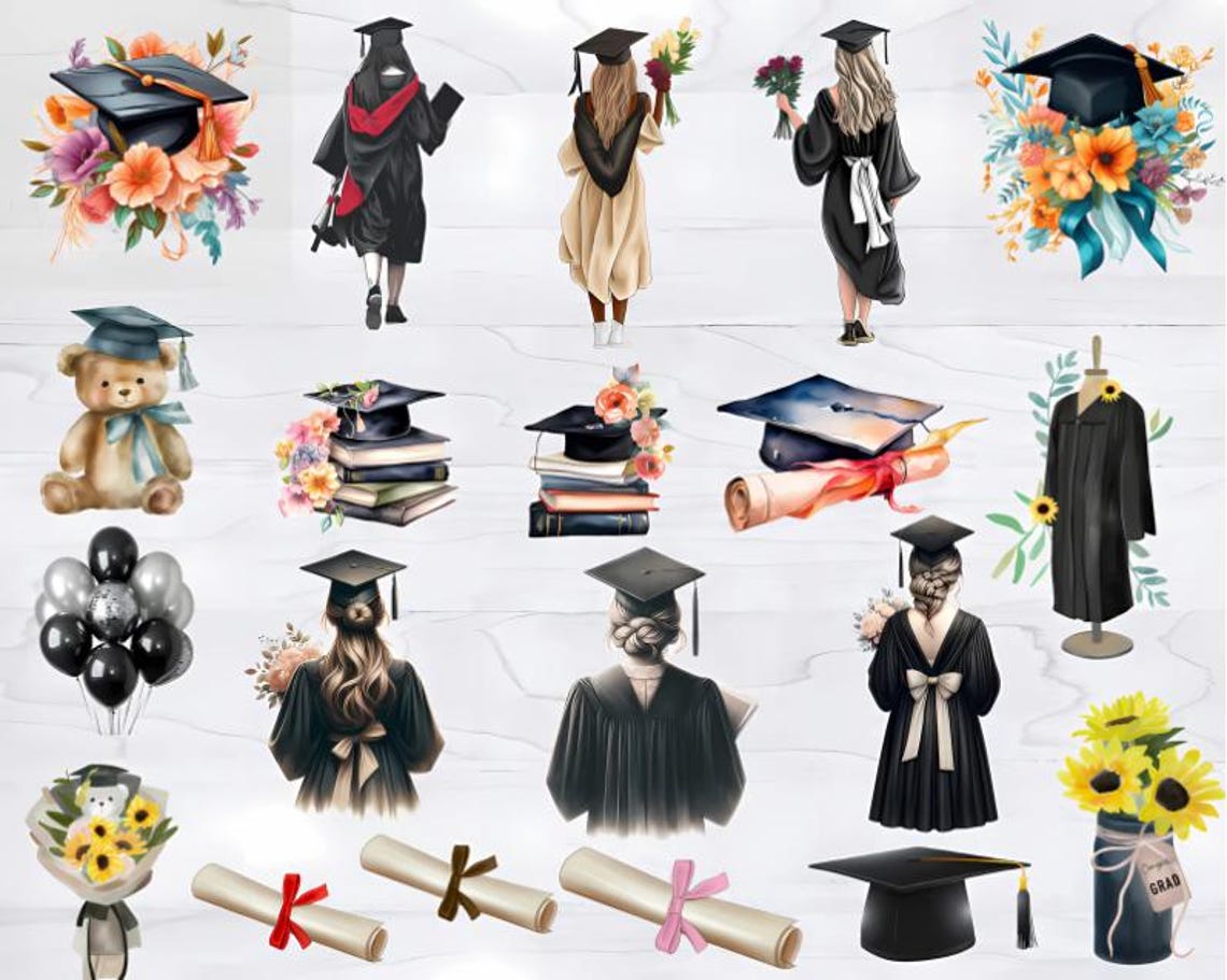 Watercolor Graduation Clipart: PNG Designs (transparent Background) - Etsy