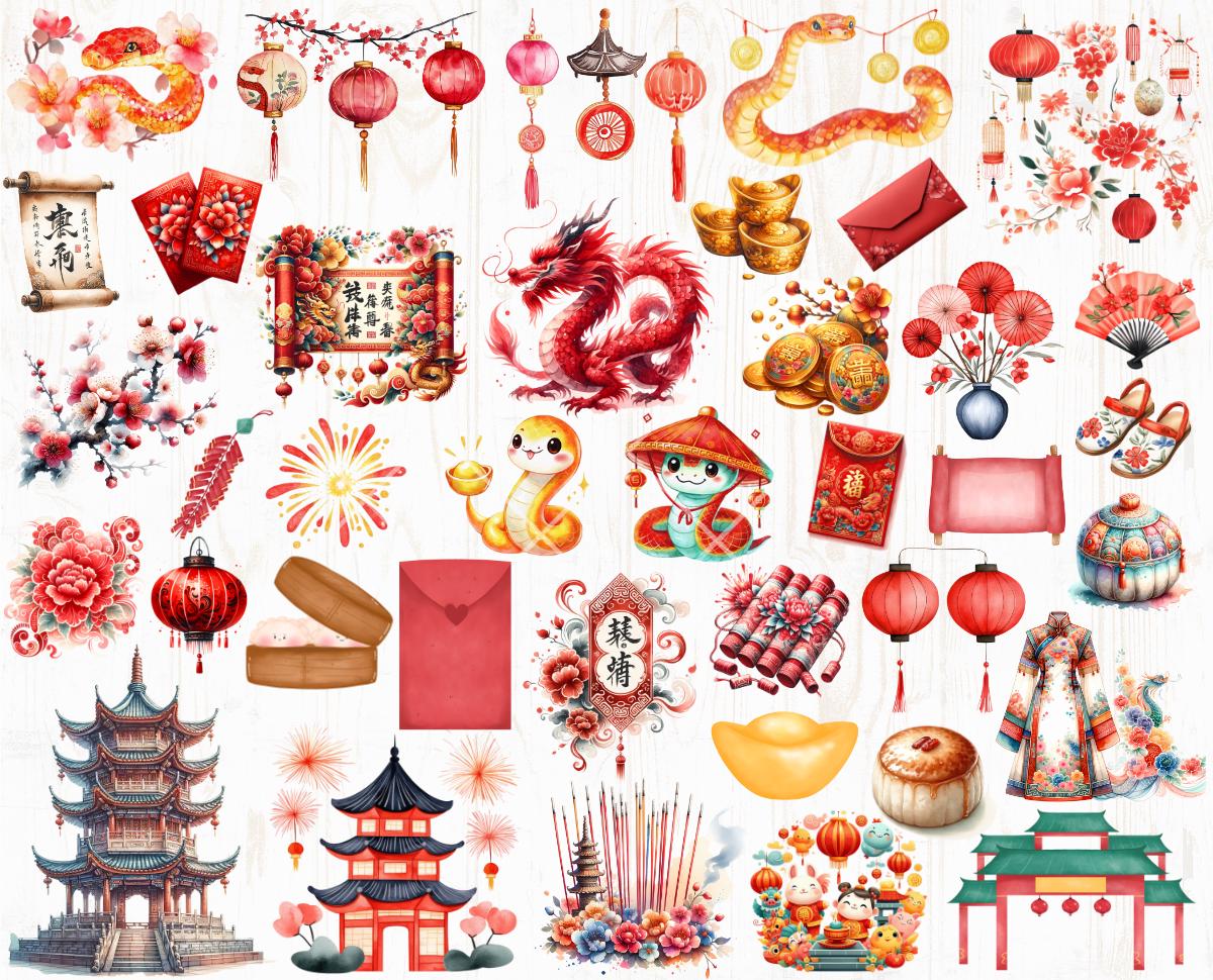 50 Chinese New Year Clipart Bundle, Lunar Year Clipart, Chinese New ...