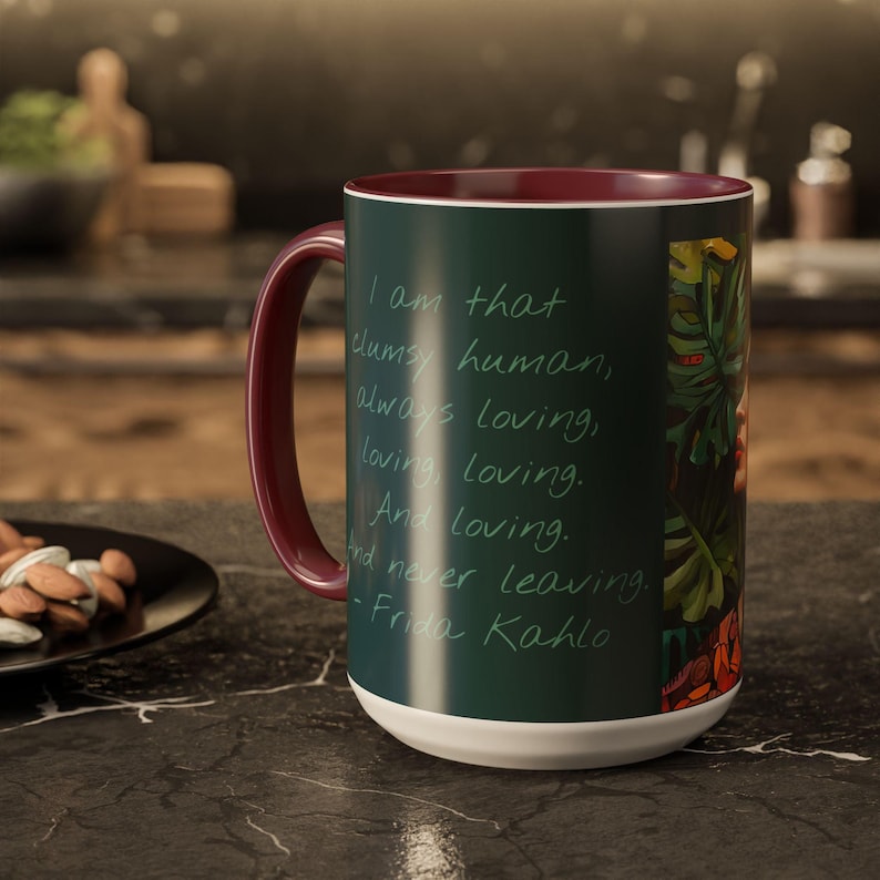 Mug - Frida Kahlo Portrait With Monstera Leaves and Love Quote, Boho ...