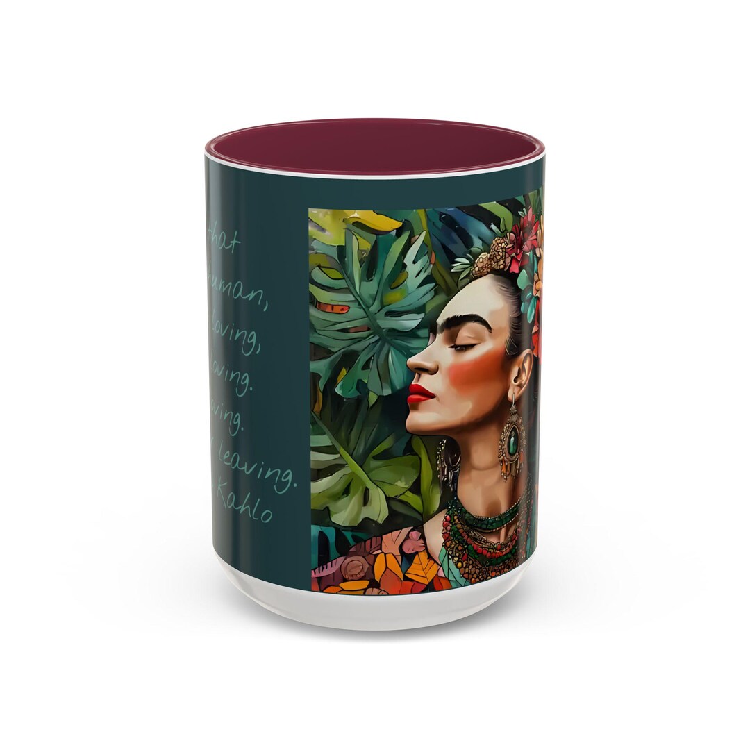 Mug - Frida Kahlo Portrait With Monstera Leaves and Love Quote, Boho ...