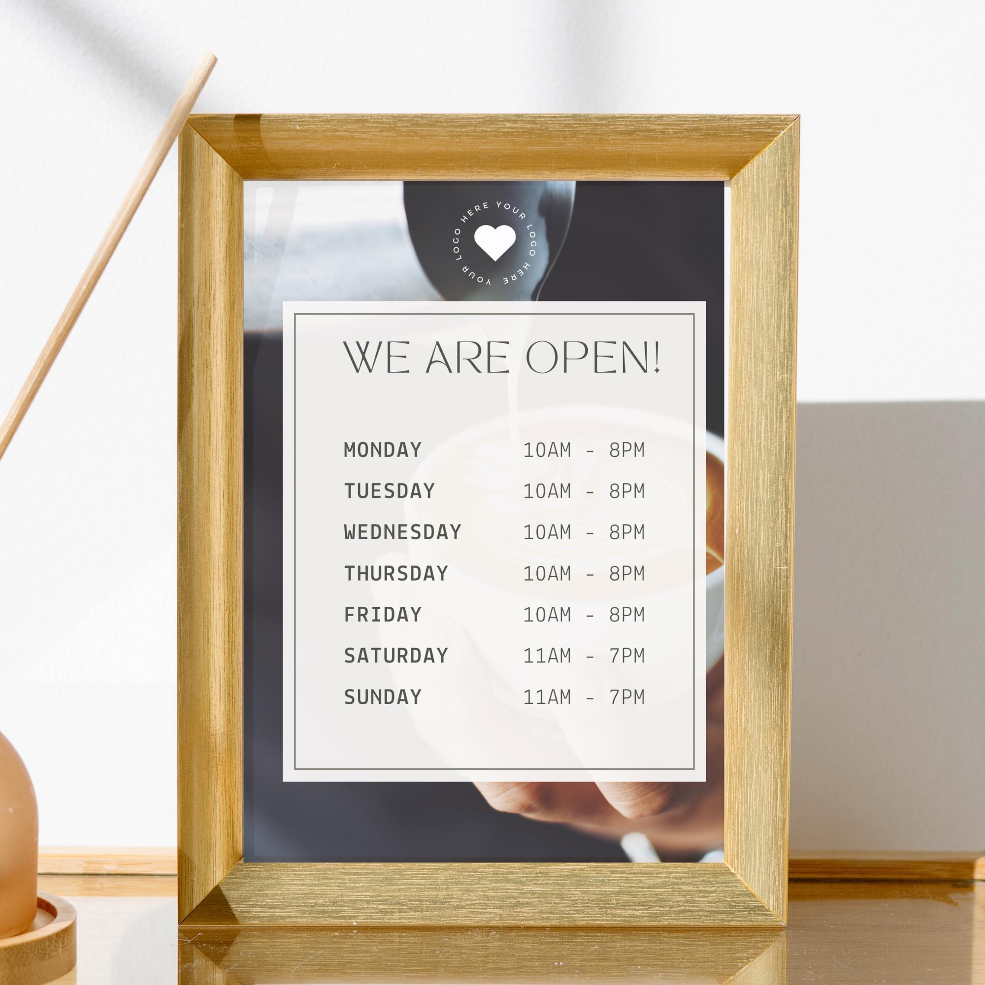 Editable Business Hours Template, Modern Coffee Shop Business Sign ...