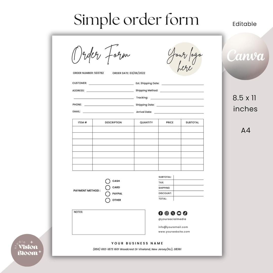 Editable Simple Order Form Template, Printable Order Sheet for Small ...