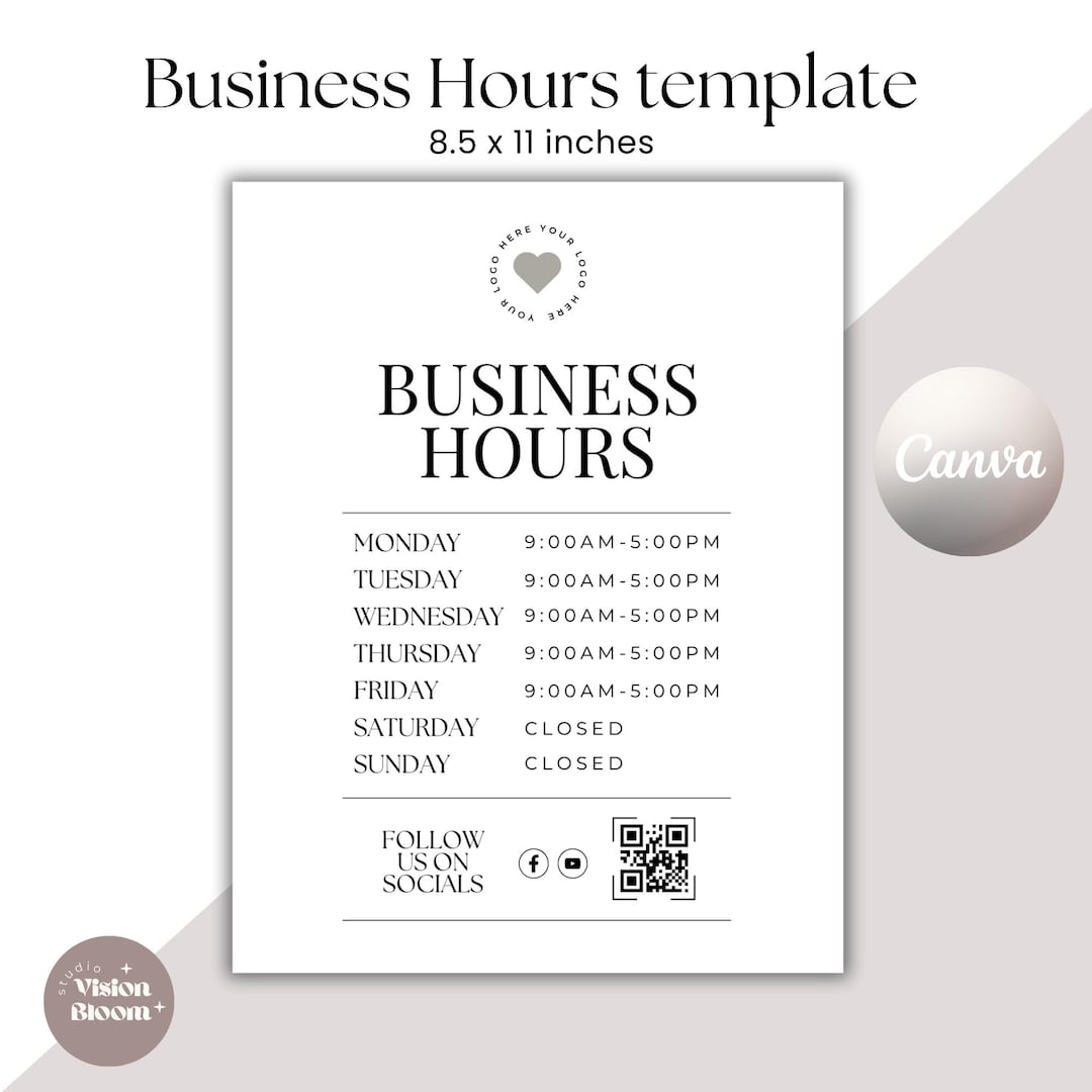 Business Hours Sign - Editable Template - Store Hours - Printable Door ...