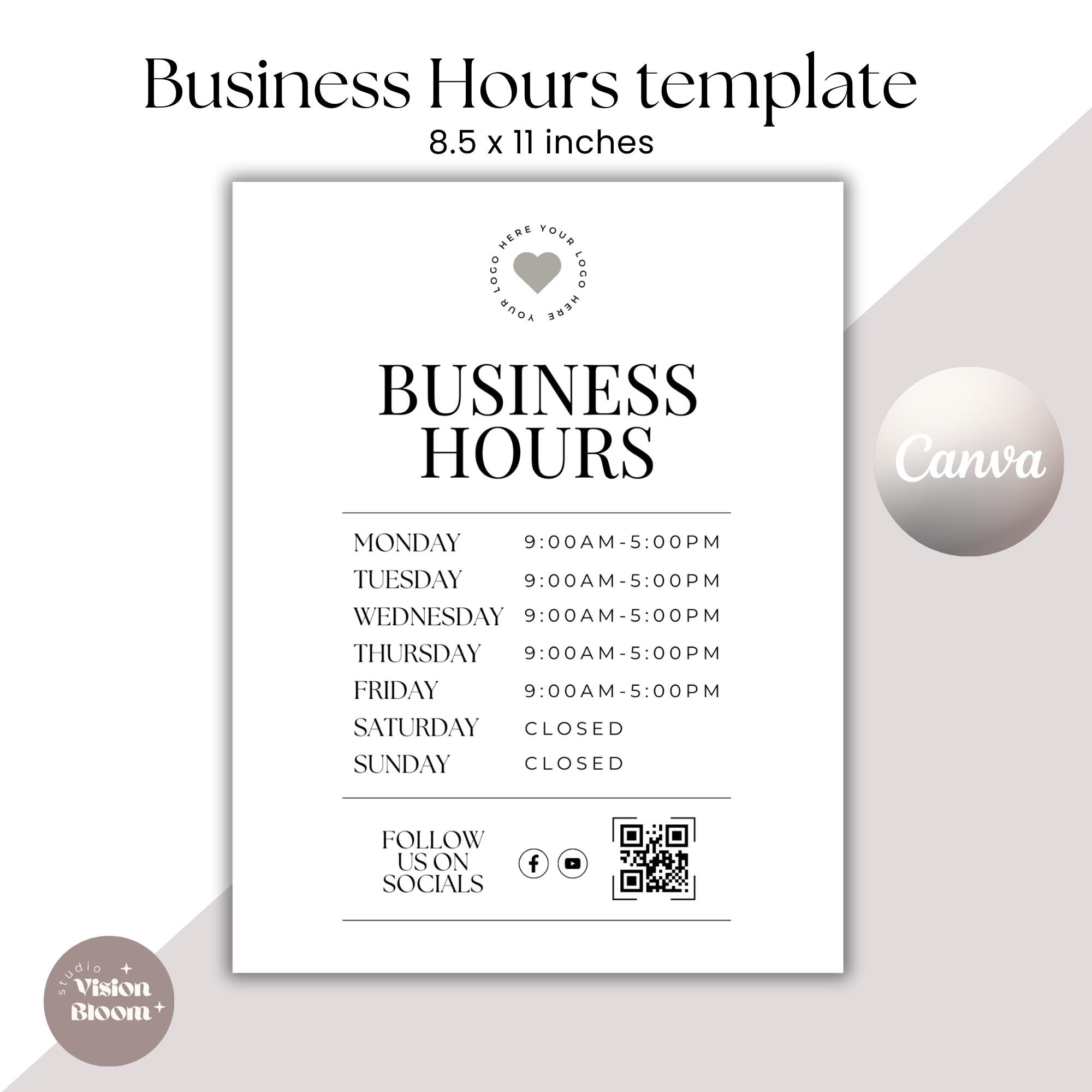 Business Hours Sign - Editable Template - Store Hours - Printable Door ...