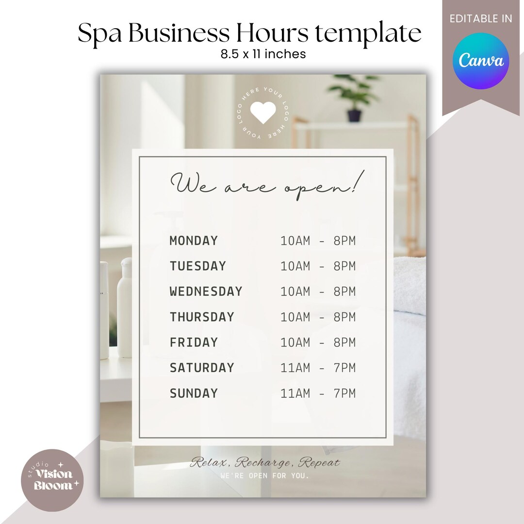 Spa Editable Business Hours Template, Modern Spa Shop Business Sign ...