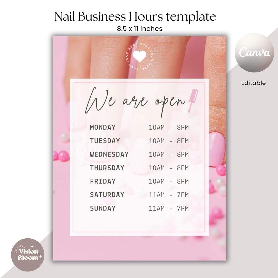 Editable Business Hours Template, Modern Nail Business Sign, Printable ...
