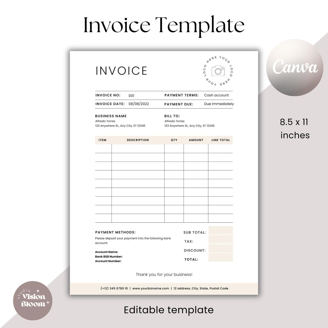 Editable Invoice Template - Custom Invoice Form - Printable Invoice for ...