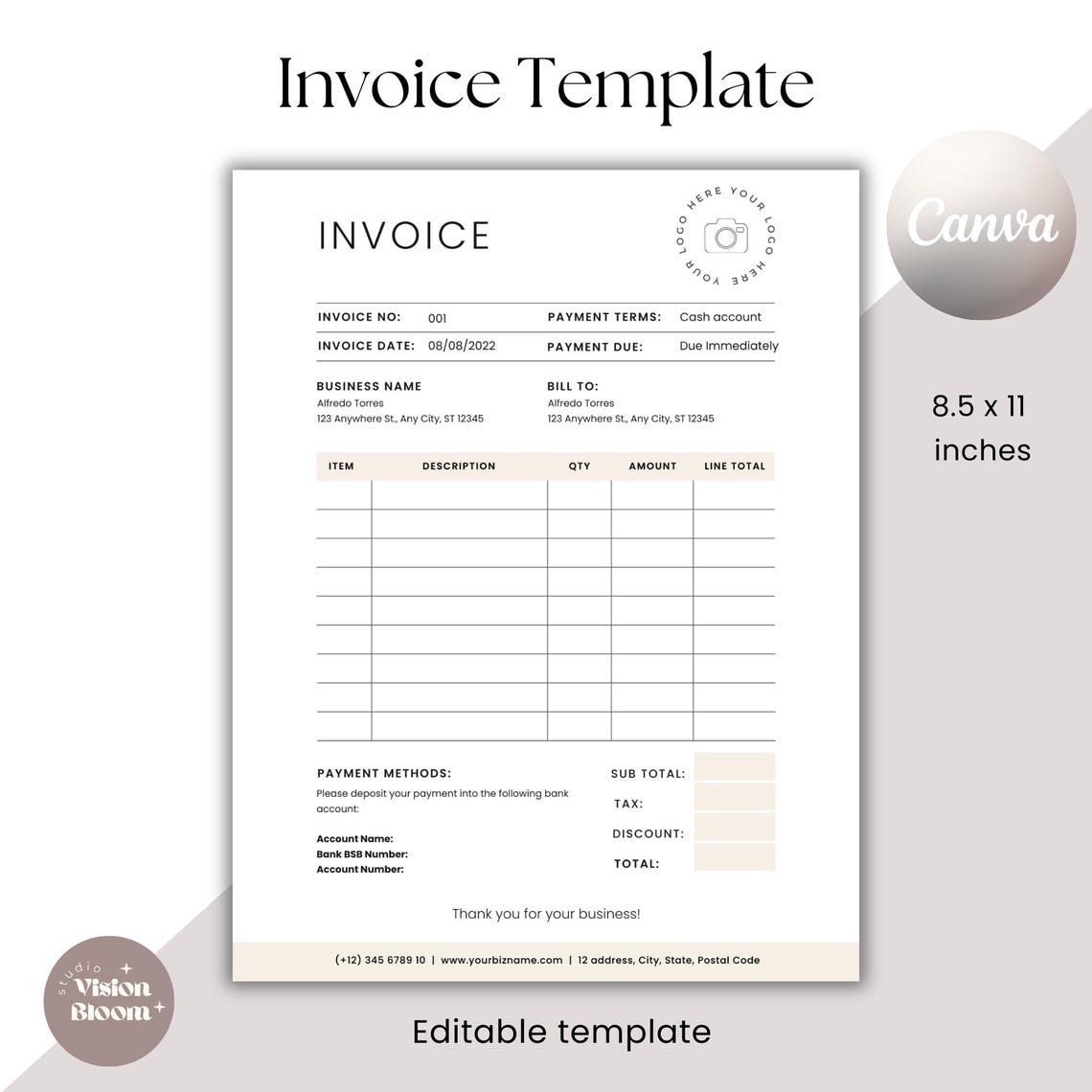 Editable Invoice Template - Custom Invoice Form - Printable Invoice for ...