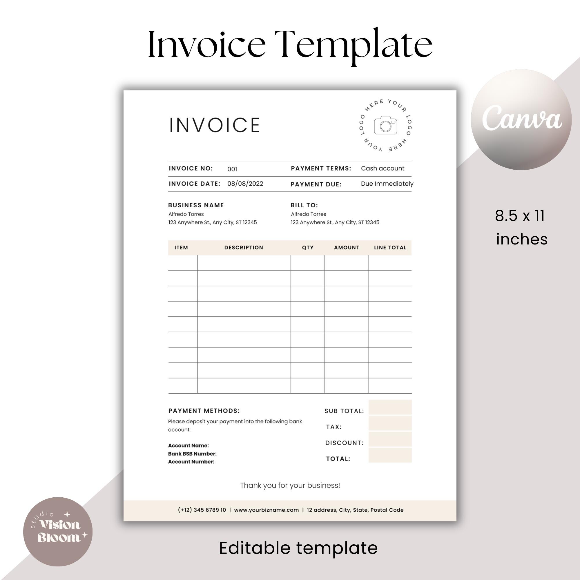 Editable Invoice Template - Custom Invoice Form - Printable Invoice for ...