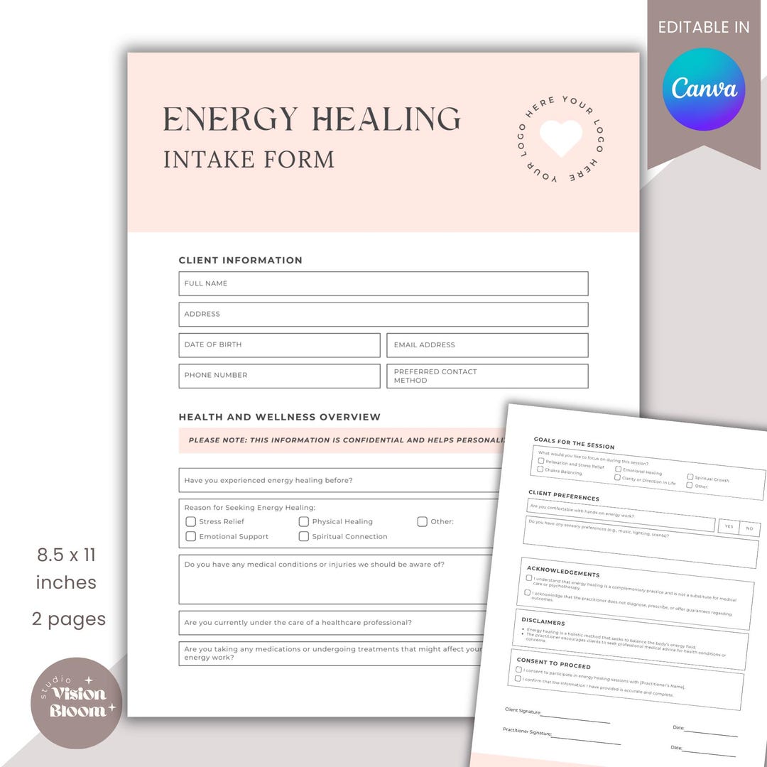Energy Healing Intake Form Template Holistic Wellness Practitioner Form ...