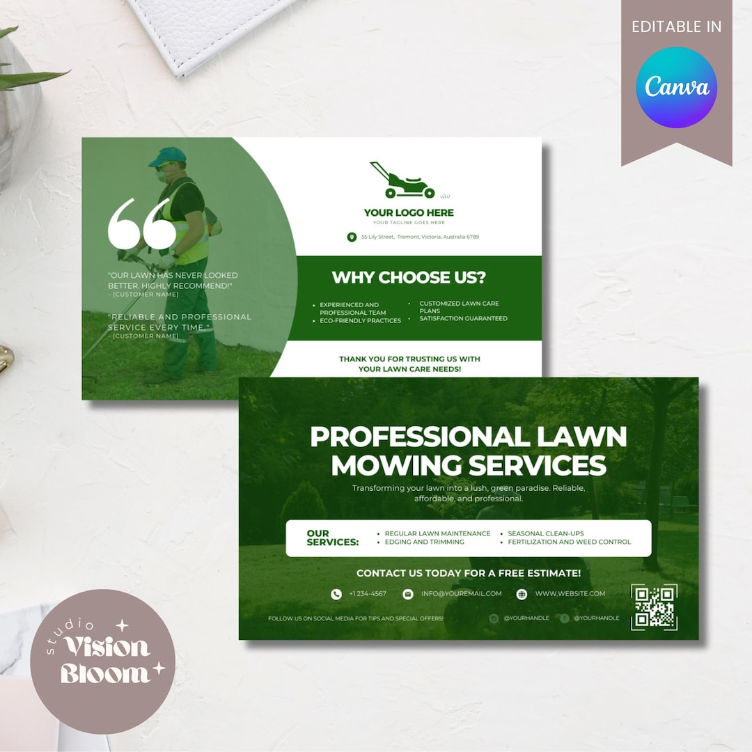 Lawn Mowing Business Card Template Editable - Landscaping Service Card ...