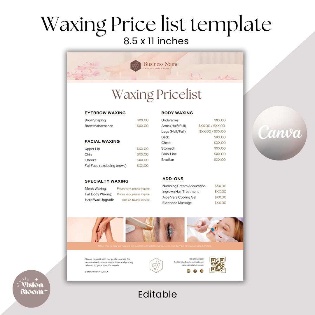 Waxing Price List Template | Editable Beauty Price List | Customizable ...