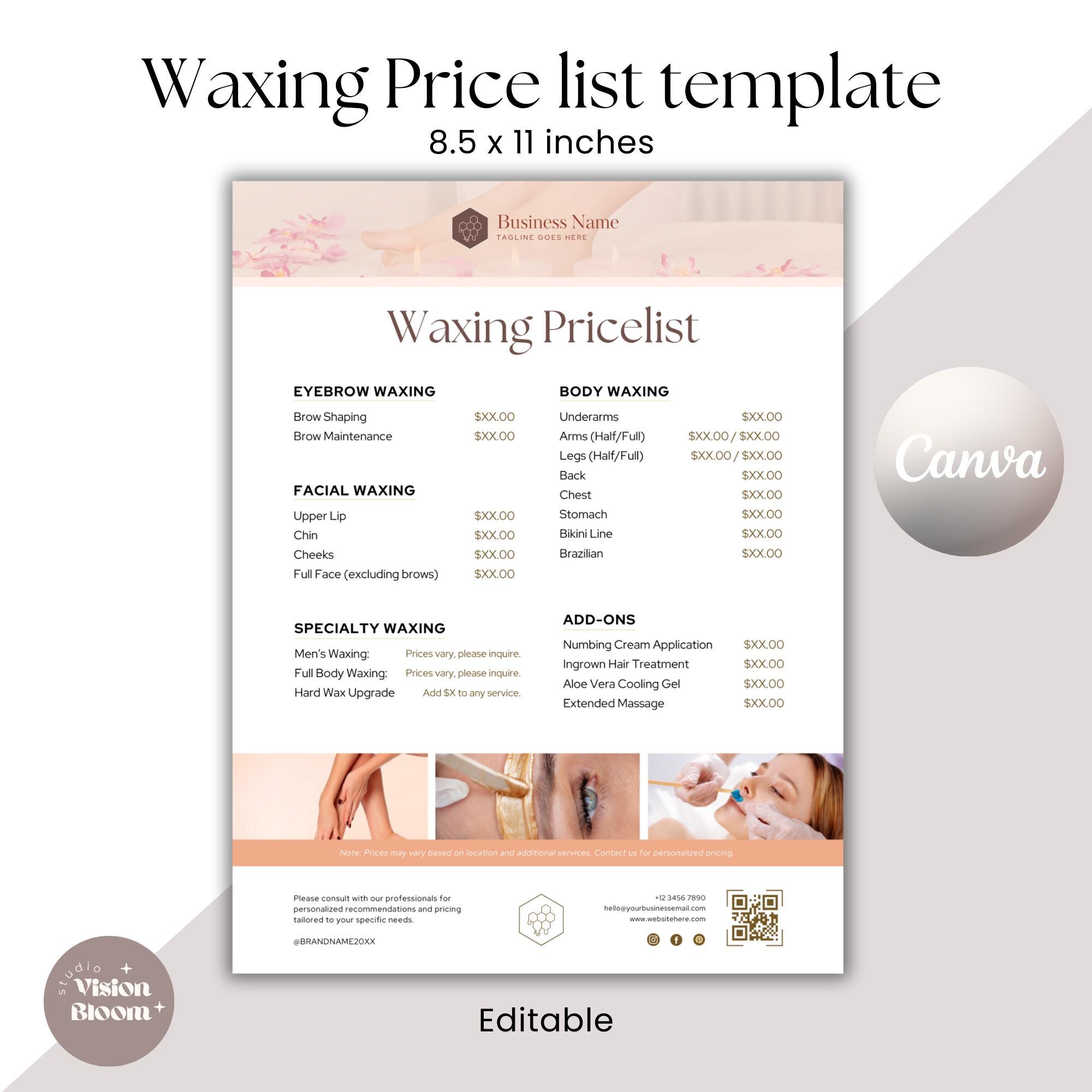 Waxing Price List Template | Editable Beauty Price List | Customizable ...