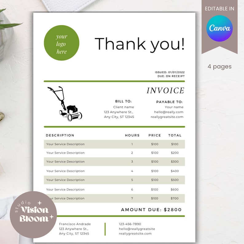 Lawn Care Invoice Template | Editable Business Invoice | Green ...