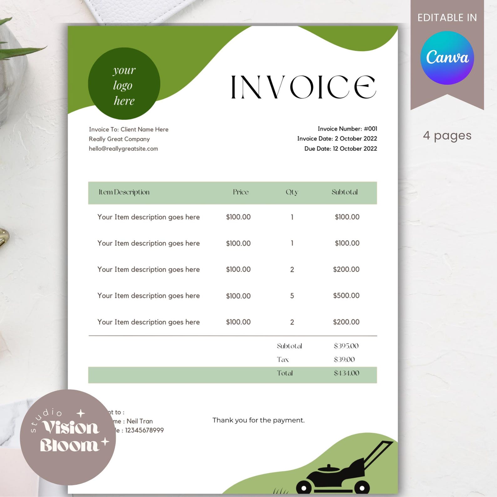 Lawn Care Invoice Template | Editable Business Invoice | Green ...