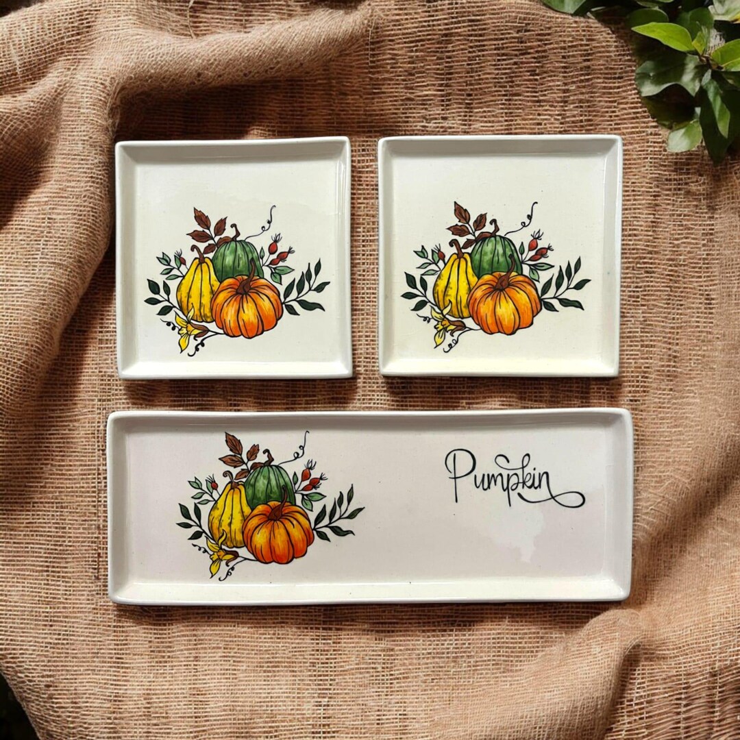Handmade Tile Pumpkin, Autumn Themed Serving Plate Set, Ceramic Kitchen ...