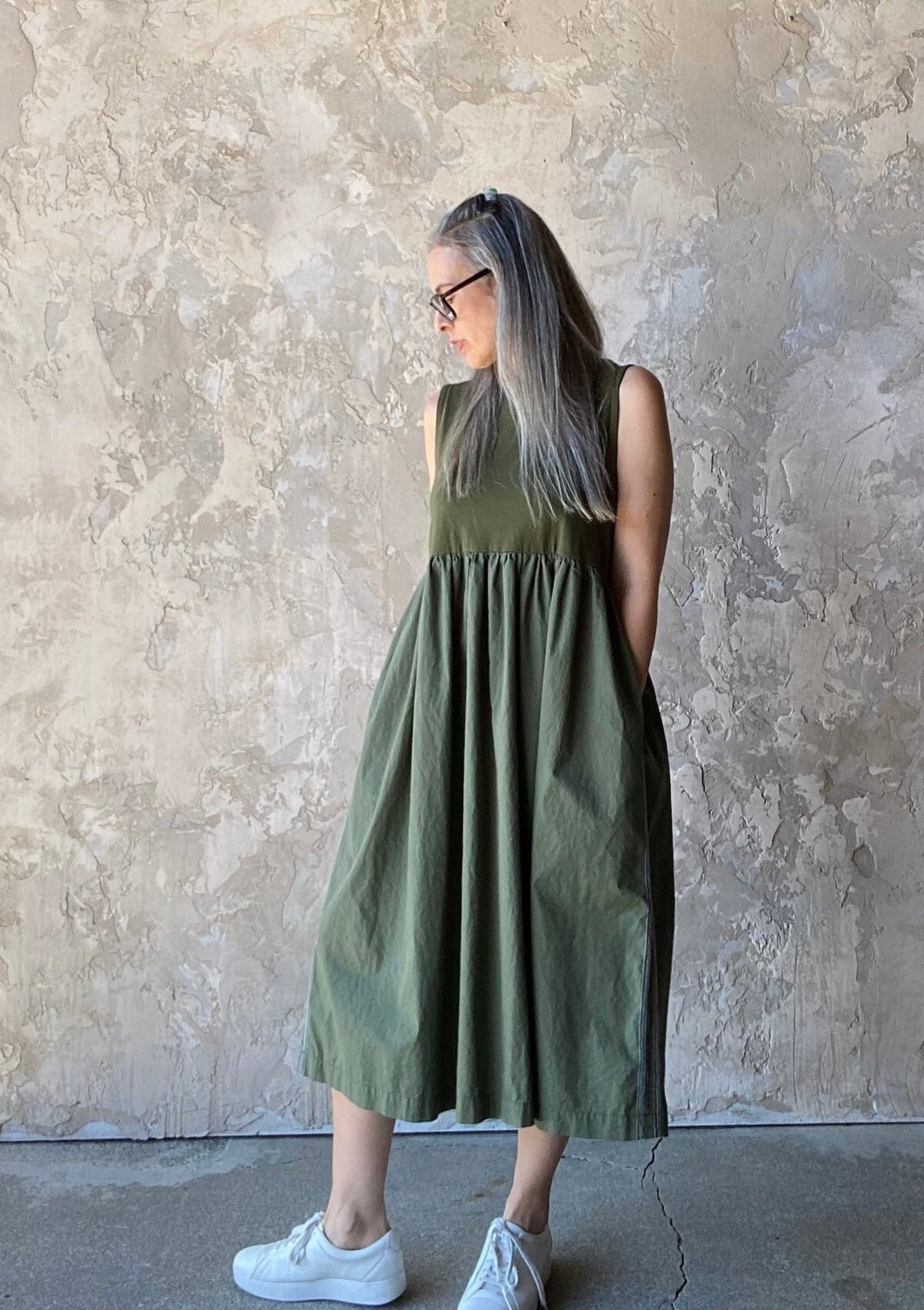 Clea Dress, Green, Mixed Media, Cotton, Midi Made to Order - Etsy