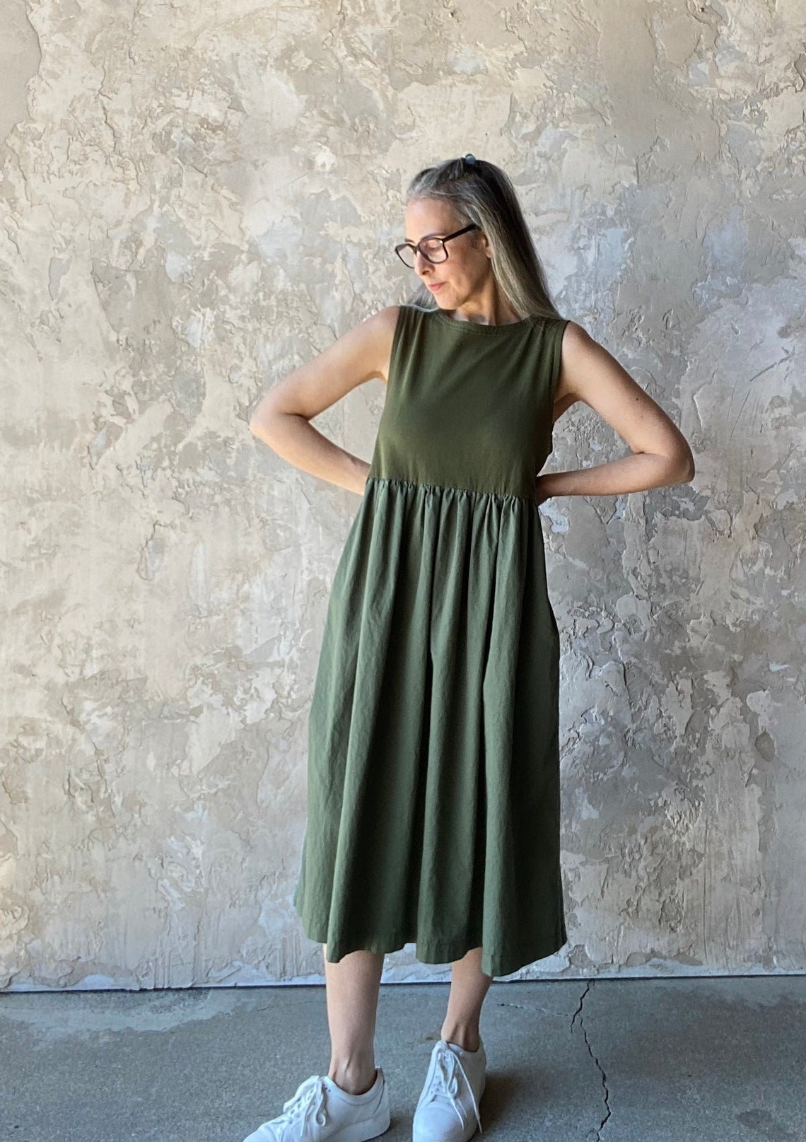 Clea Dress, Green, Mixed Media, Cotton, Midi Made to Order - Etsy