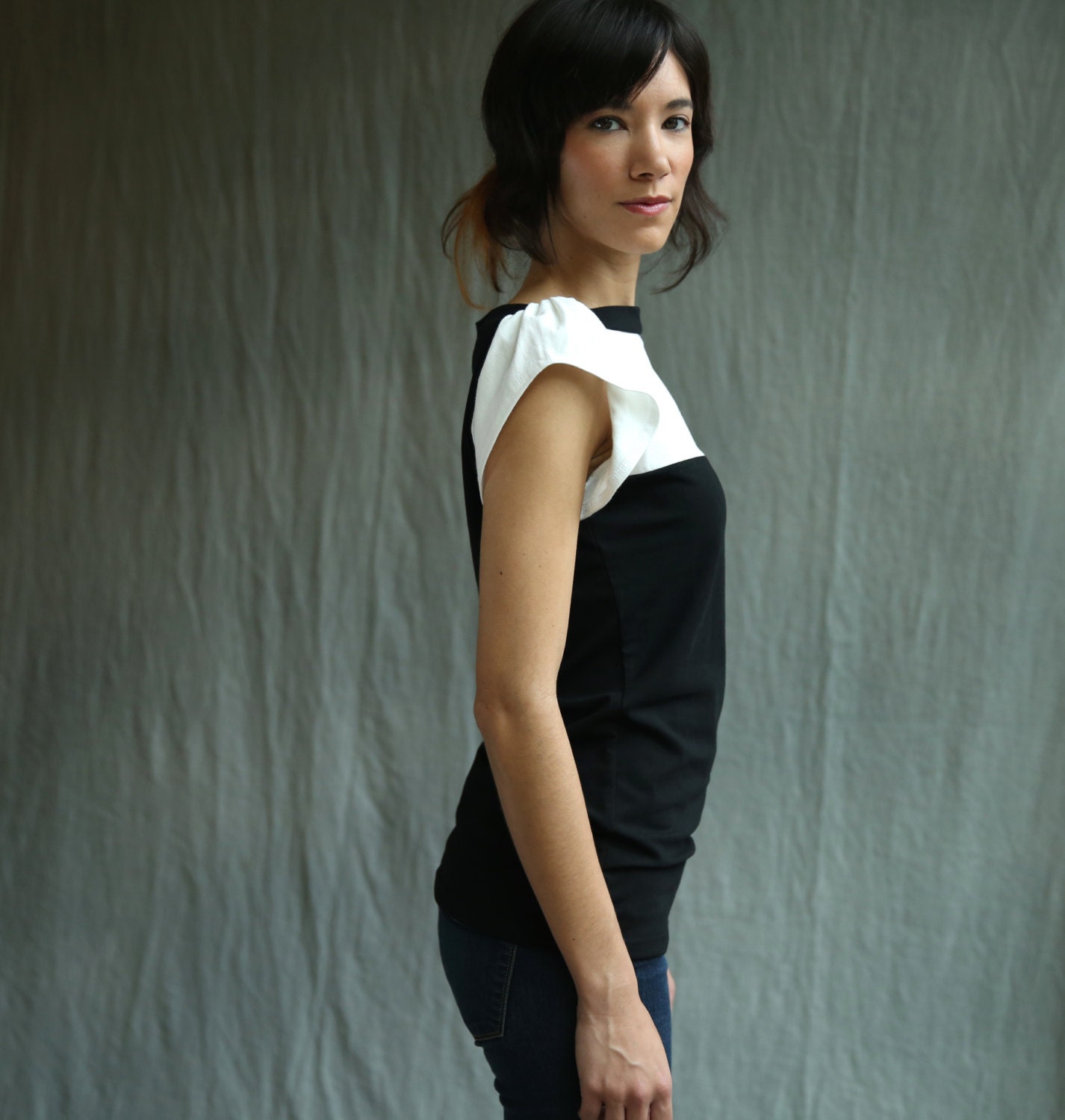 Fae Top Black and White Cotton Jersey Flutter Sleeve - Etsy Canada