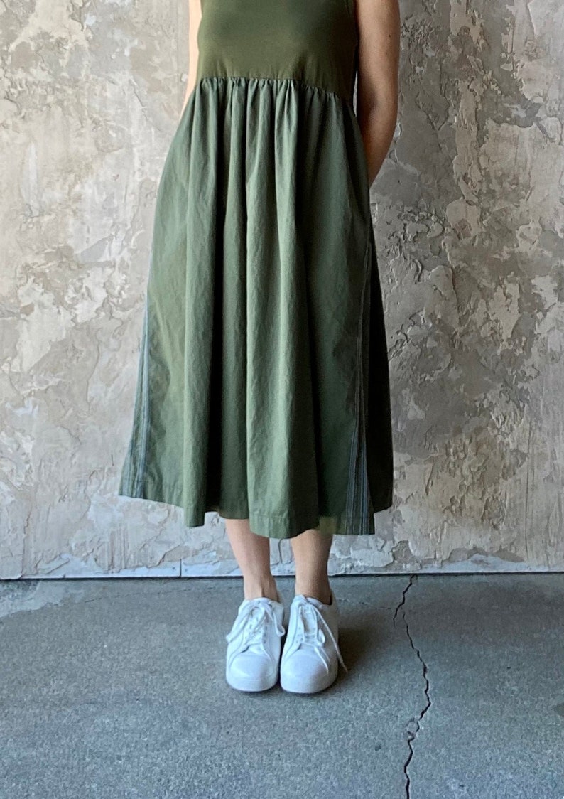 Clea Dress, Green, Mixed Media, Cotton, Midi Made to Order - Etsy
