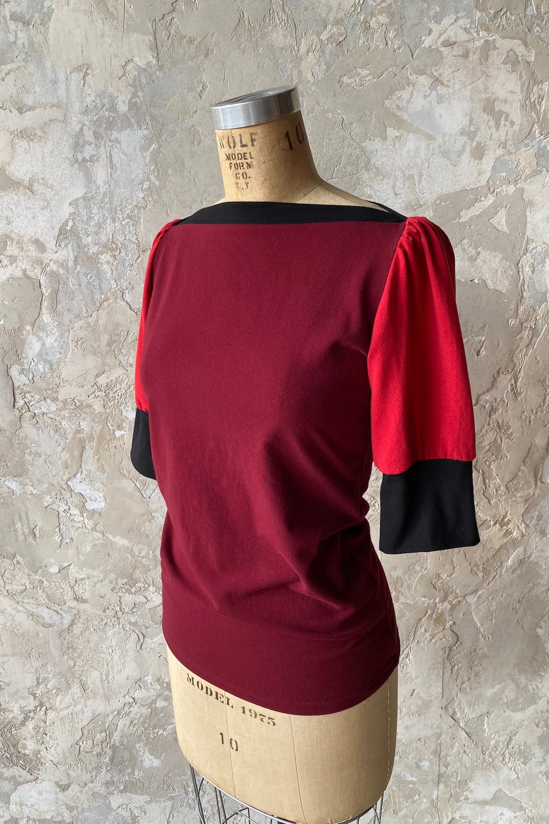 Puff Sleeve Top Color Block Reds, Women's Top, Cotton Jersey, Modern ...