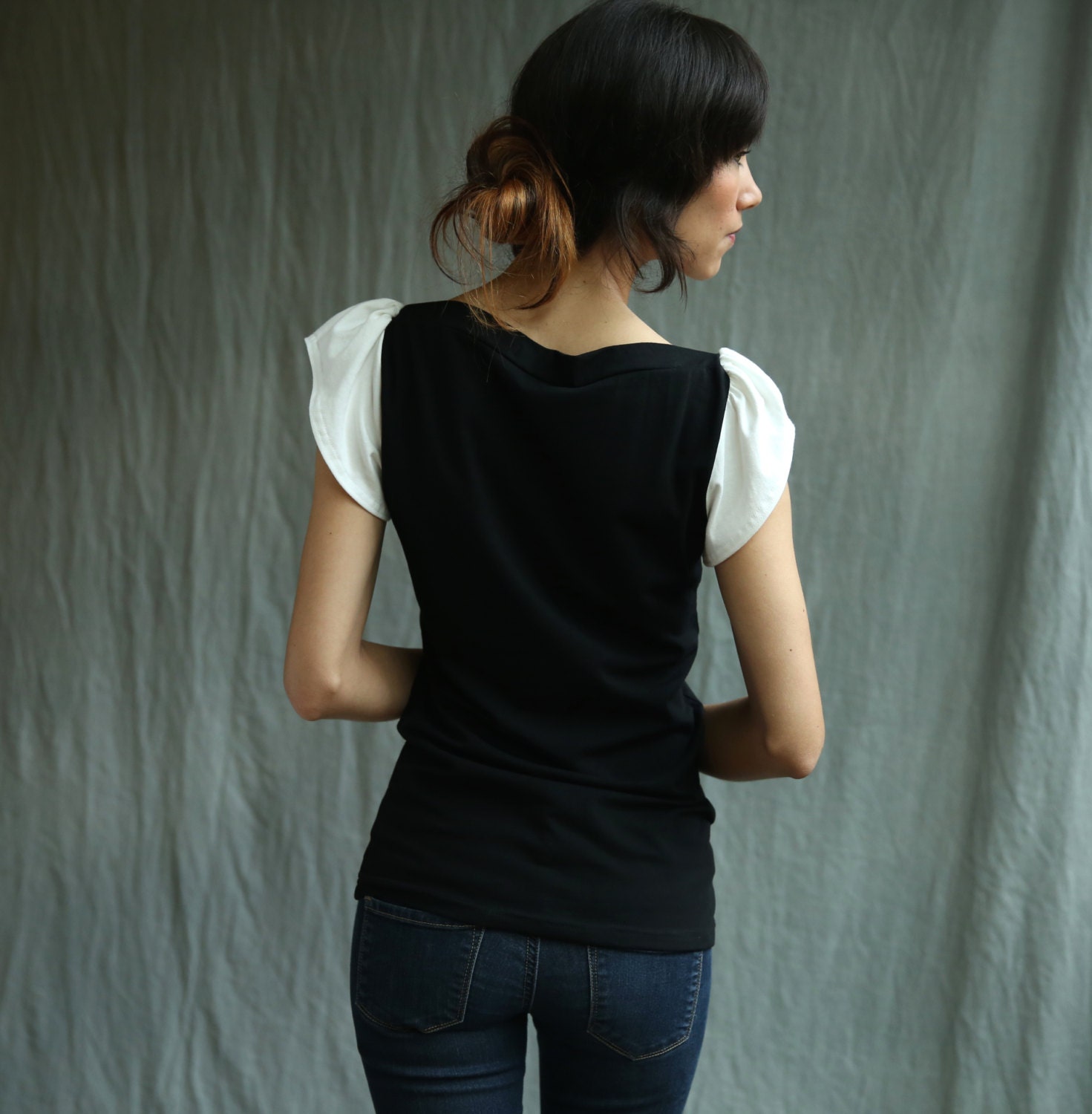 Fae Top Black and White Cotton Jersey Flutter Sleeve - Etsy Canada