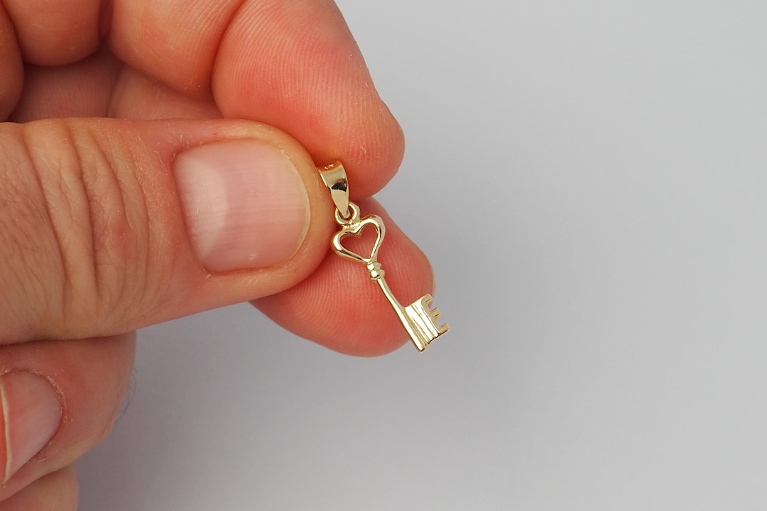 14k Solid Gold Key Pendant, Solid Gold Key Charm, Love Key Necklace ...