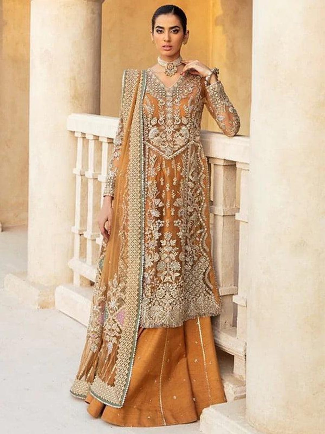 Mustard Pakistani Sharara Suit: Embroidered Organza, Custom Stitched - Etsy
