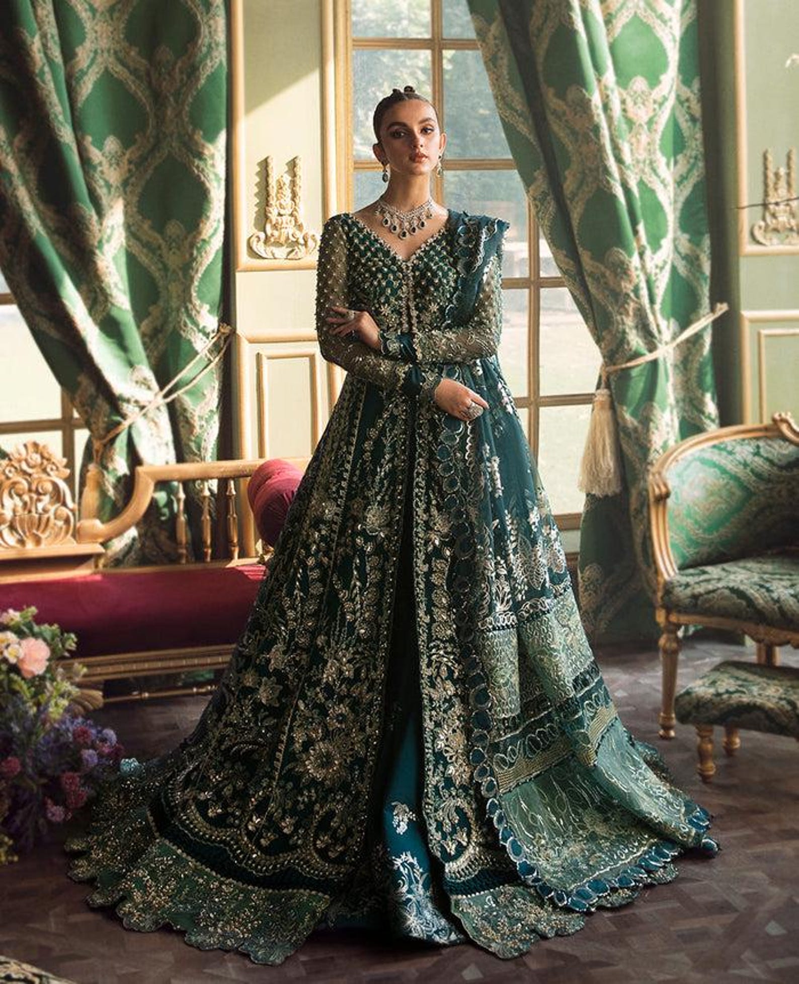 Pakistani Wedding Dresses Indian Clothes Embroidery Green Front Open ...