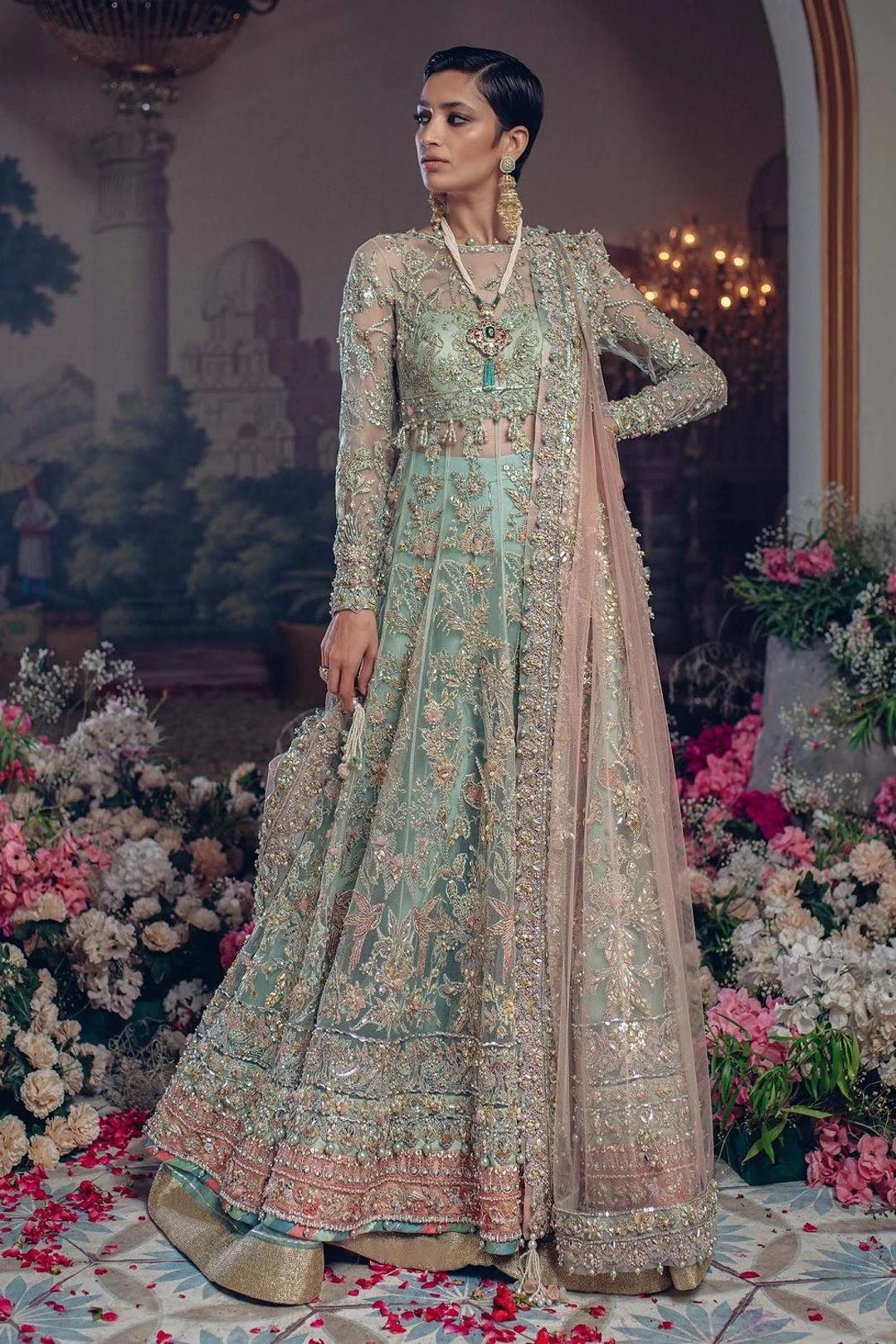 Pakistani Wedding Dresses Indian Walima Clothes Green Long Frock Maxi ...