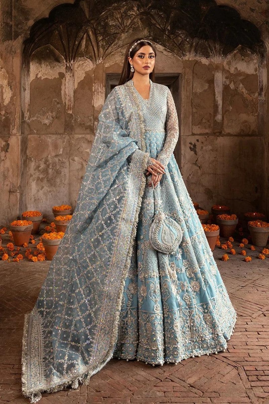 Pakistani Wedding Dresses Blue Maxi Pishwas Walima Bridal Outfit Indian ...