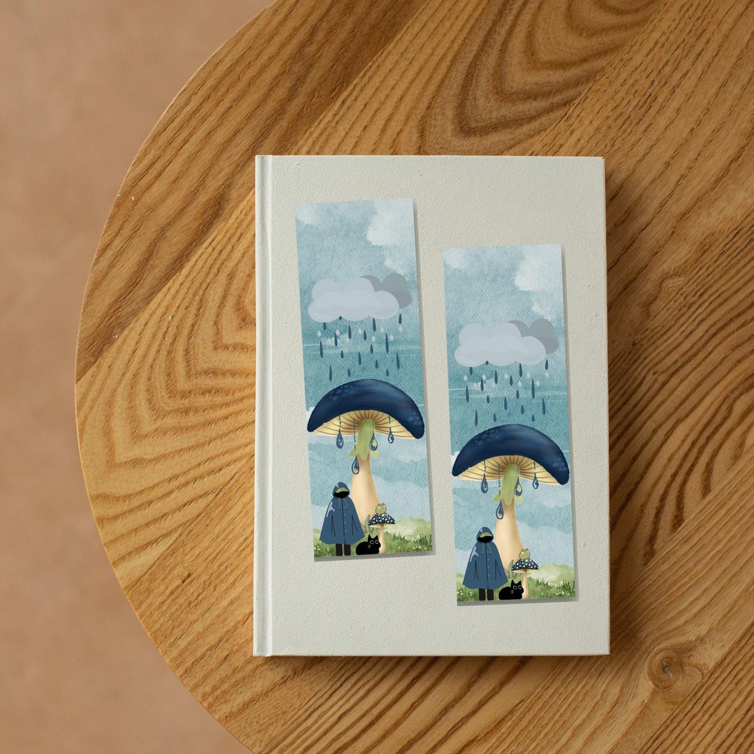 Digital Printable Bookmark | Whimsical Mushroom & Rain Bookmark | Cute ...