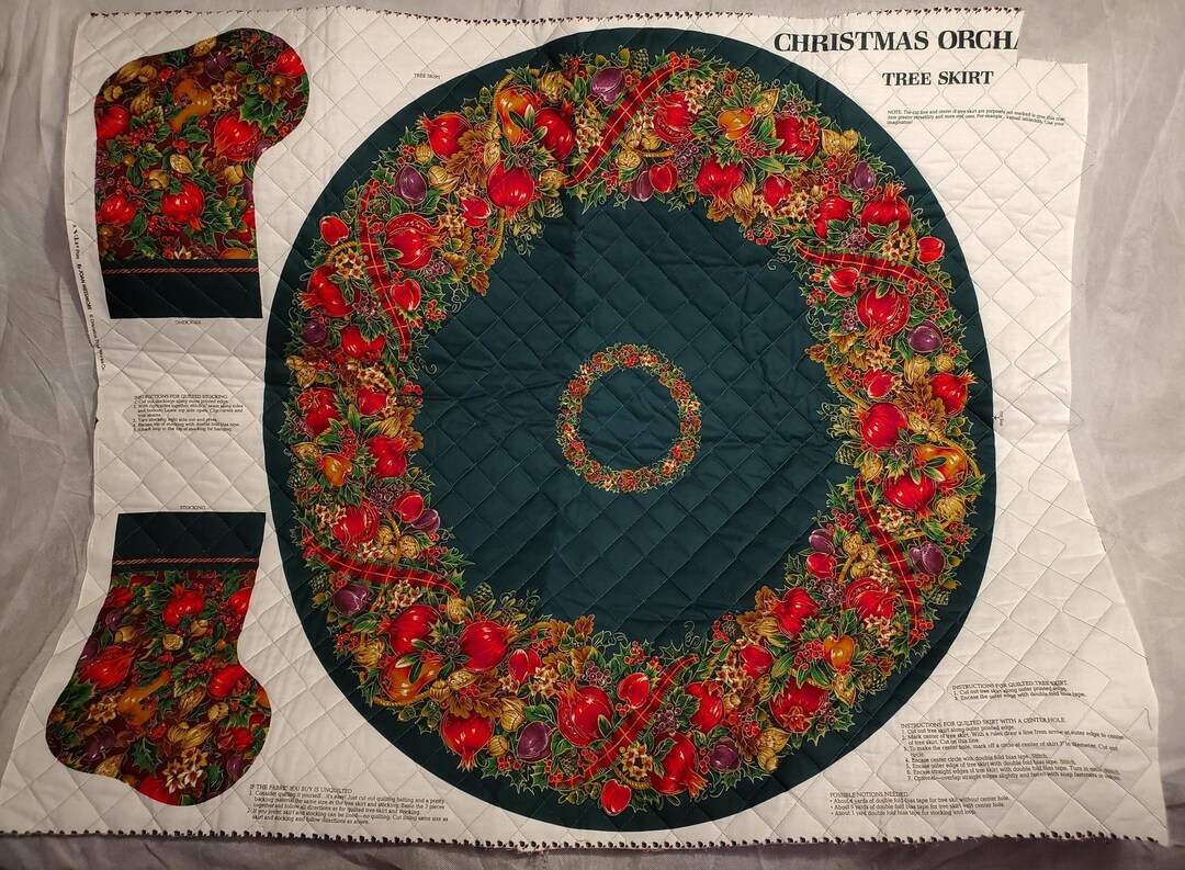 Vintage Cranston Quilted Green Christmas Orchard Tree Skirt Panel With ...