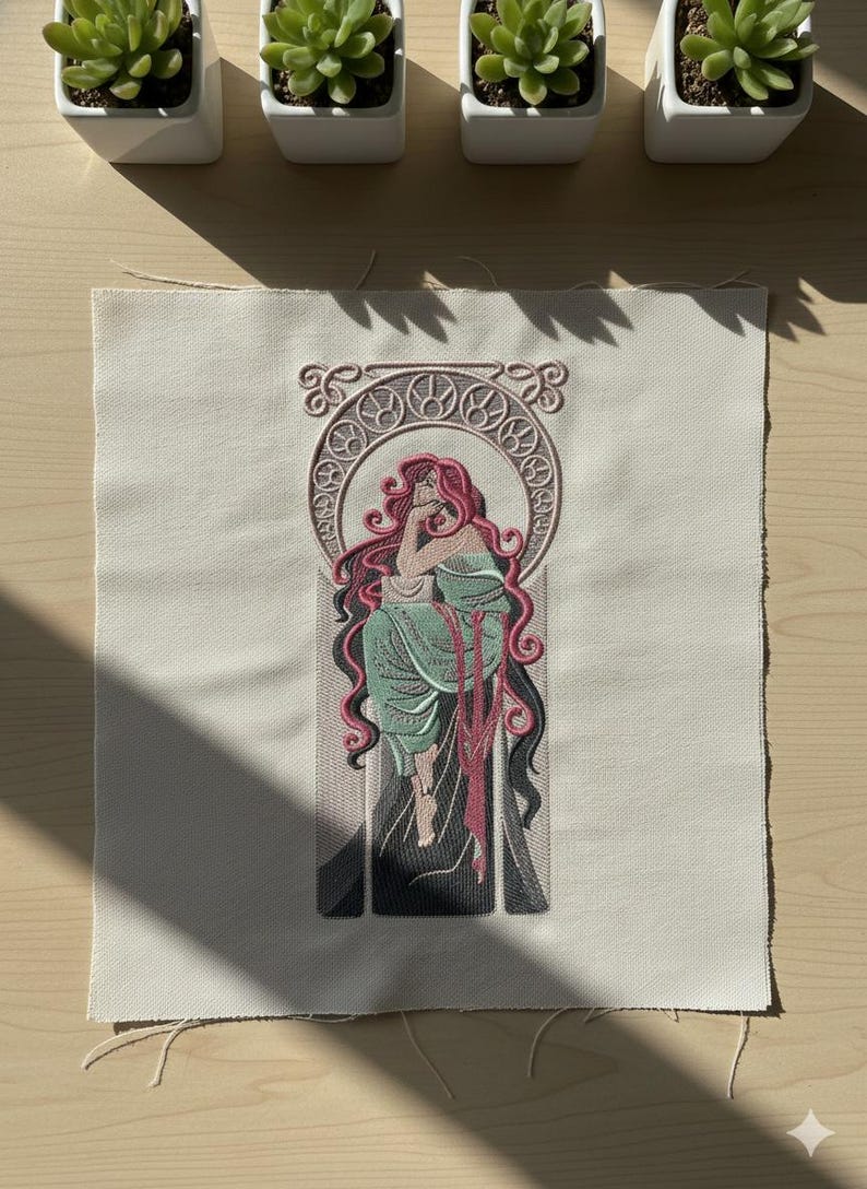 Mucha Melancholy Girl Embroidery – Long Pink Hair & Green Dress – Large ...