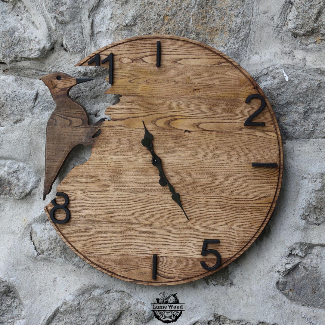 Handmade Wooden Wall Clock – Woodpecker Design – Rustic Nature Inspired ...
