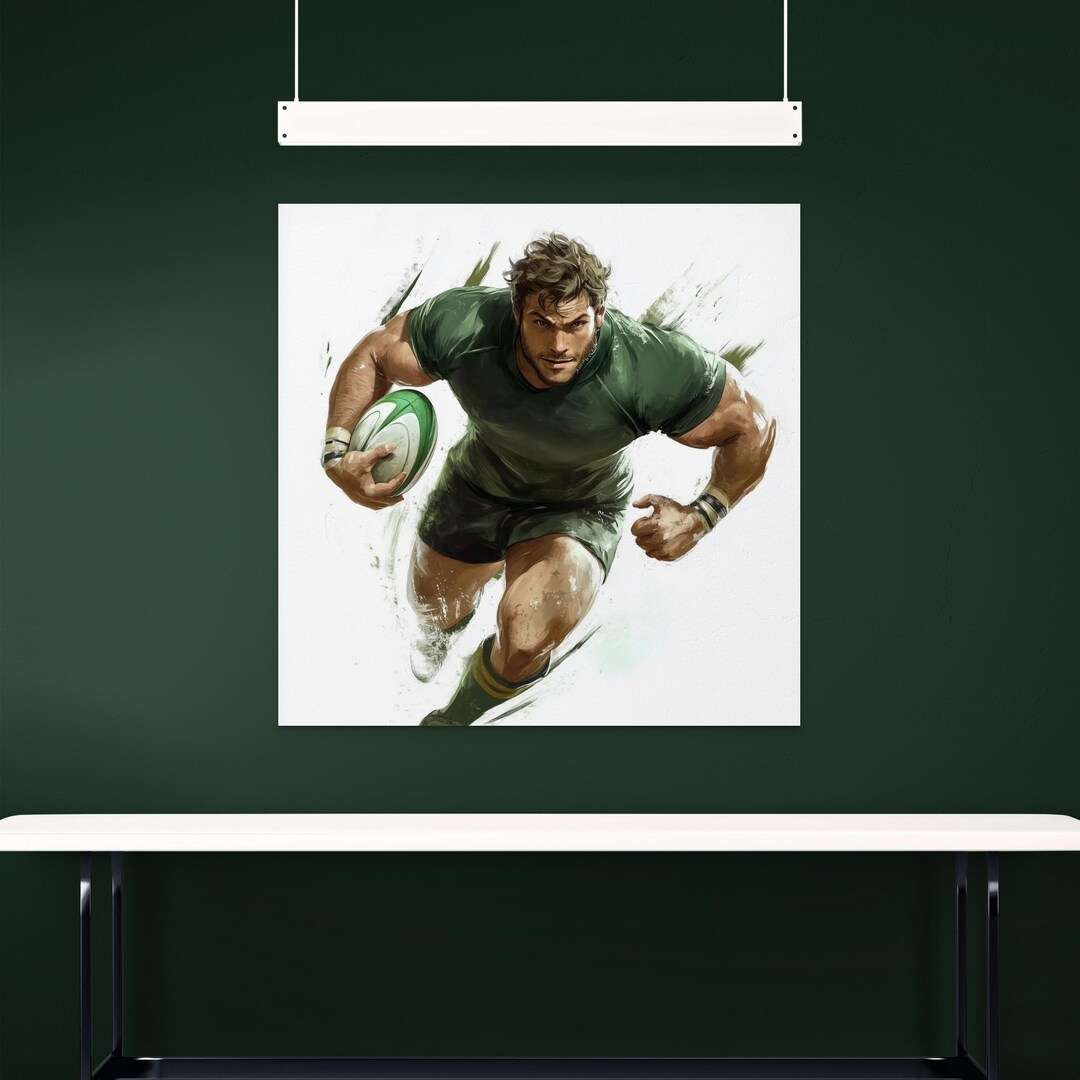 Rugby Player Digital Print: Green Jersey Running With Ball | Rugby Wall ...