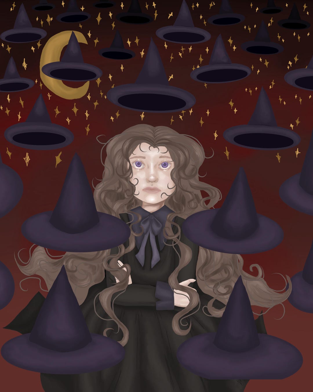 Whimsical Witch Art Print - Gothic Art Print- Witch With Floating Hats ...