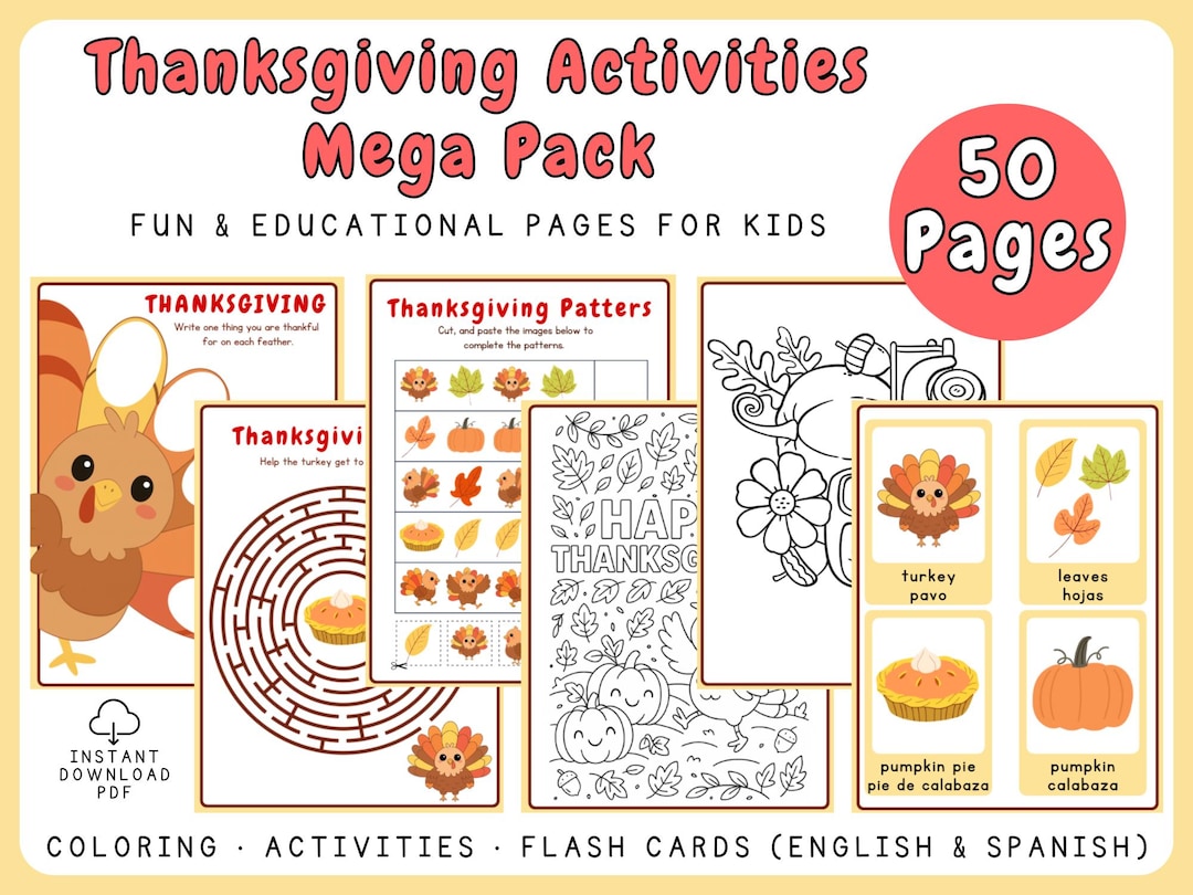 Thanksgiving Mega Pack Printable | 50 Pages Kids Activities, Coloring ...