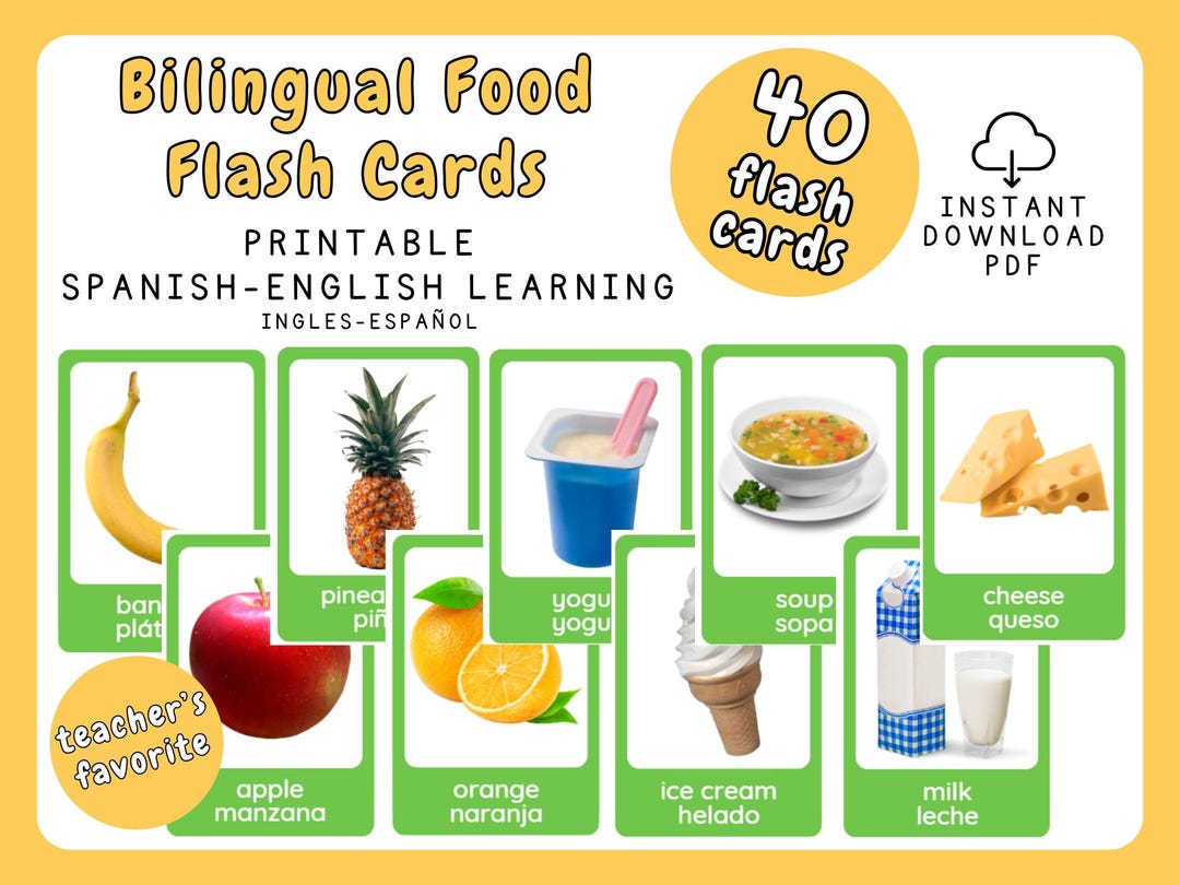 Bilingual Food Flashcards Spanish English | 40 Real Image Learning ...