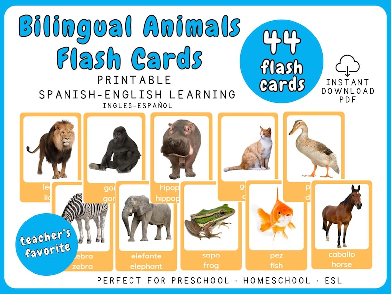 Bilingual Animal Flash Cards: 44 Printable Flash Cards, Real Images ...