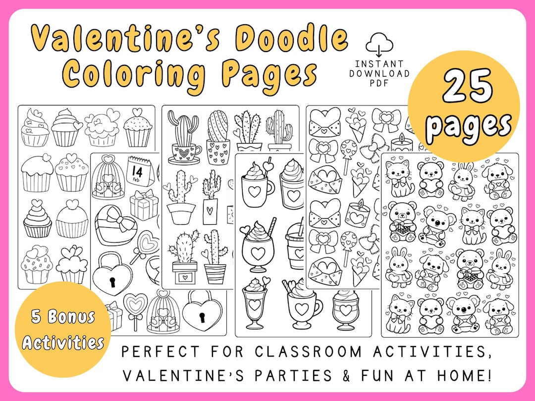 Valentines Doodle Coloring Printable | 25 Coloring Pages + 5 Bonus ...