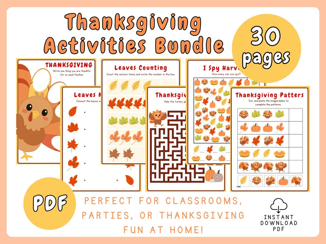 Thanksgiving Activity Bundle: 30 Page Printable, Coloring and ...