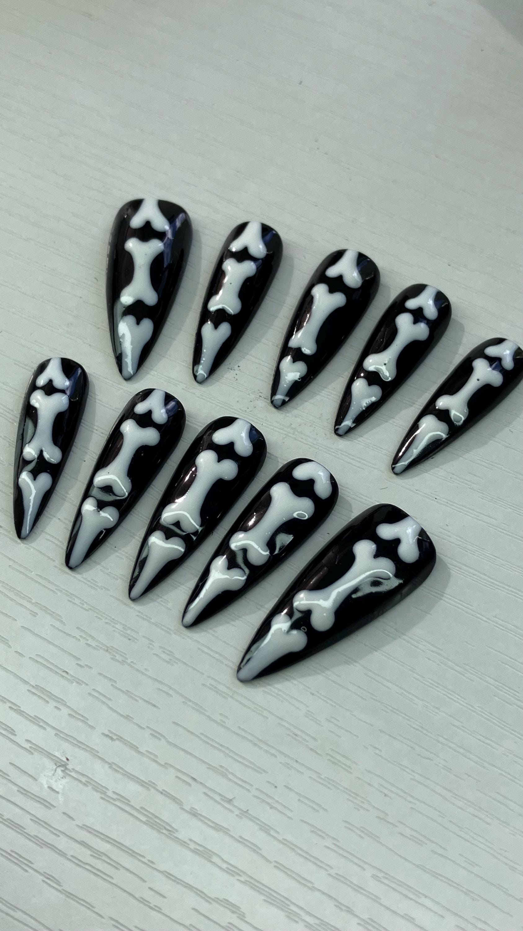 Skeleton Bones Press on Nails Design, Halloween Nails, Application Pack ...