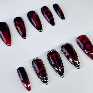 PTV Black and Red Press on Nails With Chain Embellishments Application ...