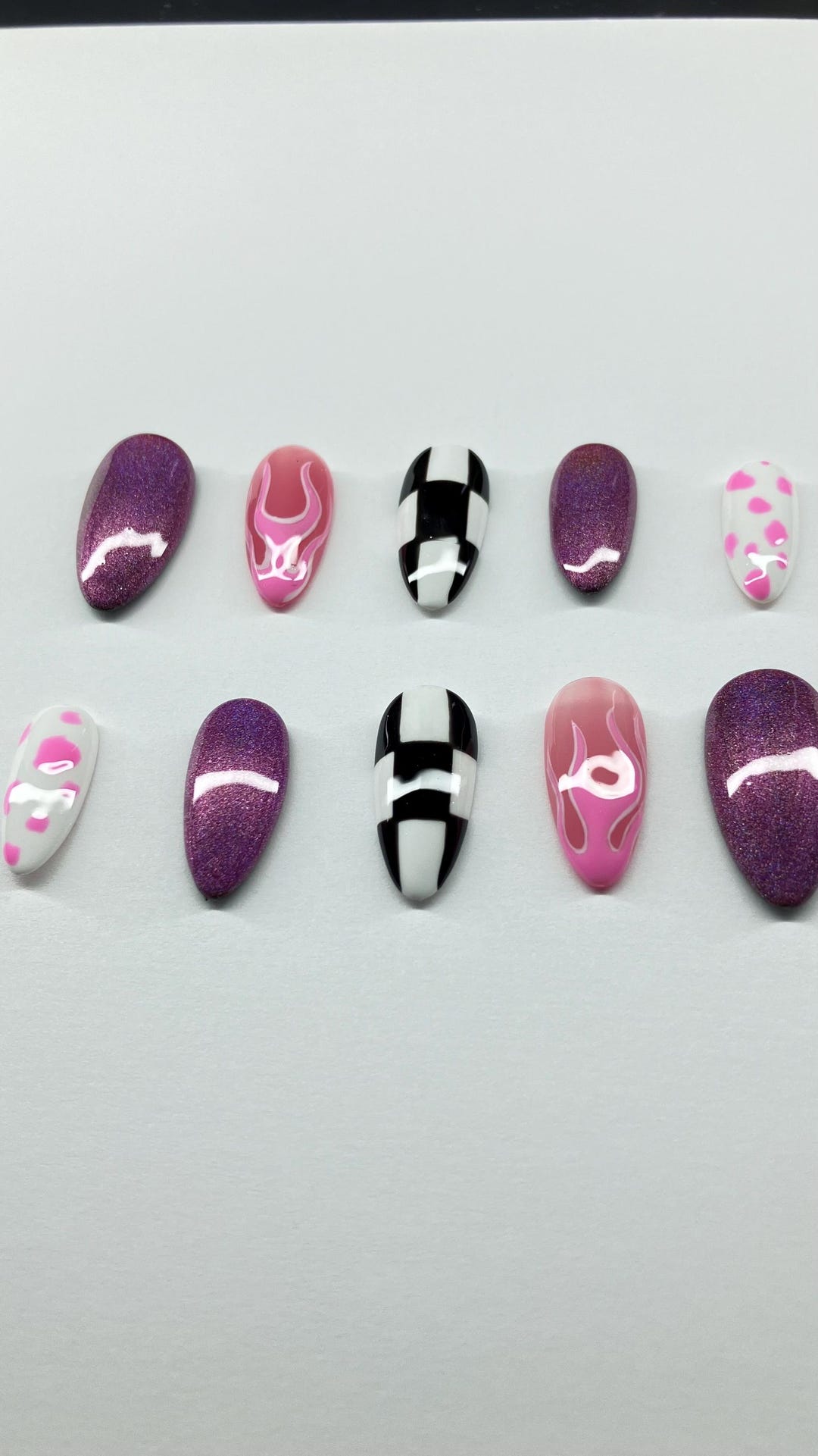 Funky Mismatch Press on Nails With Holographic Design Flames and ...