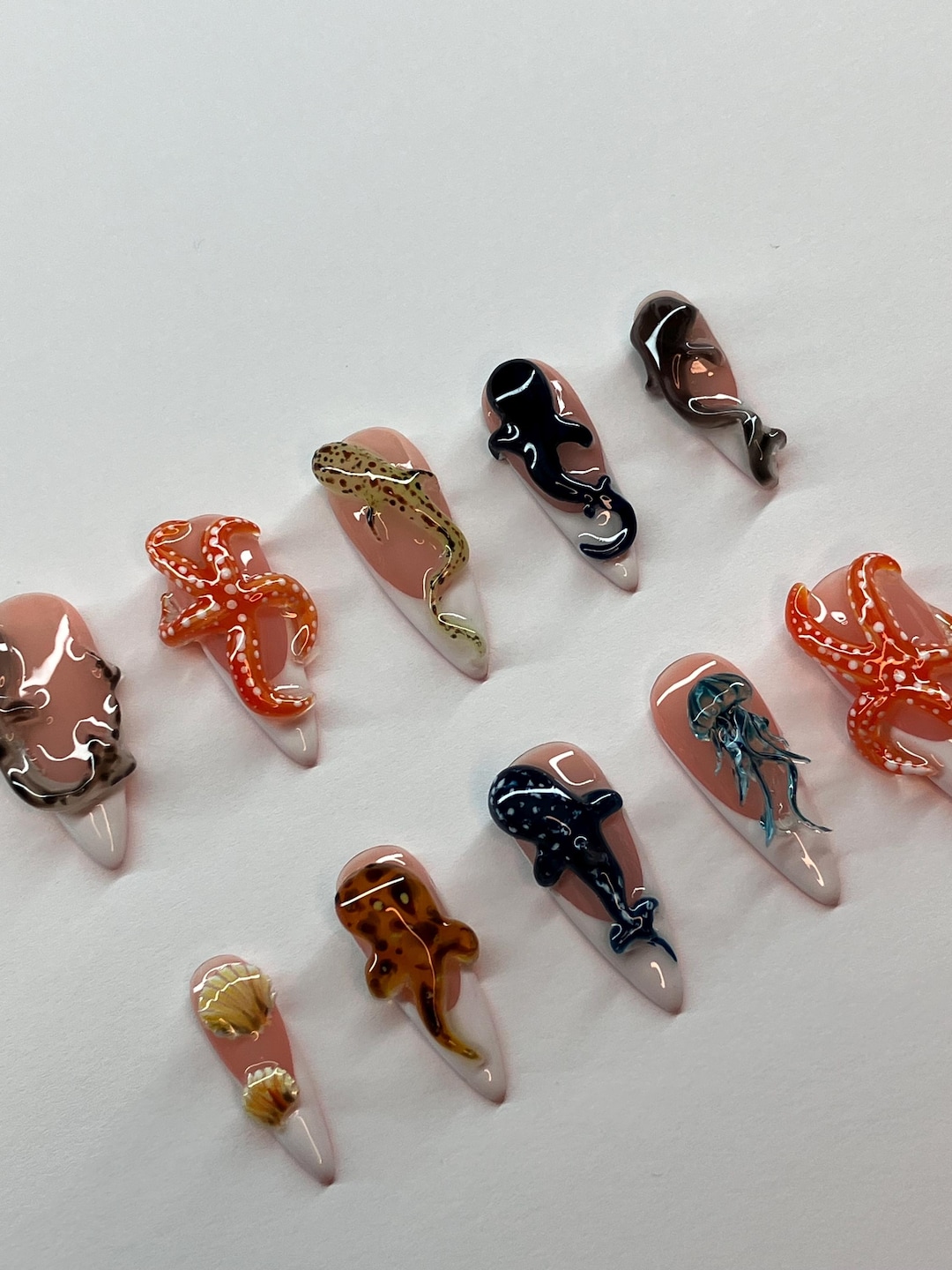 Marine Life Press on Nails With Unique 3d Sea Life, Application Pack ...