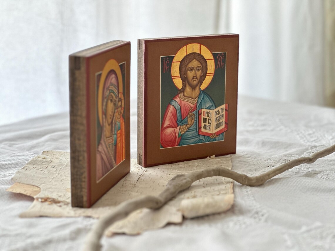 Hand Painted Mother of God & Savior Icons: Gilded Halos, Linden Wood ...
