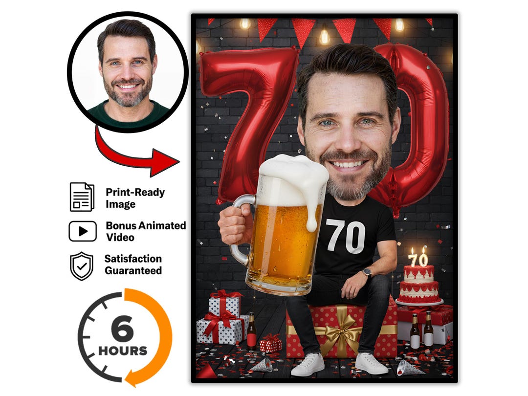 Custom 70th Birthday Portrait | Personalized Cartoon Drawing | 70th ...