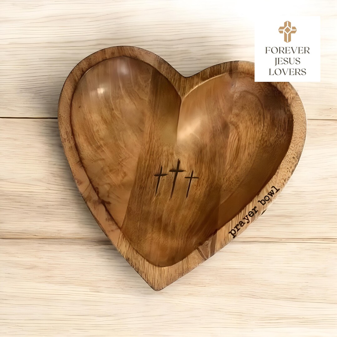 Wooden Heart Prayer Bowl Rustic Farmhouse Decor Christian Gifts Cross ...