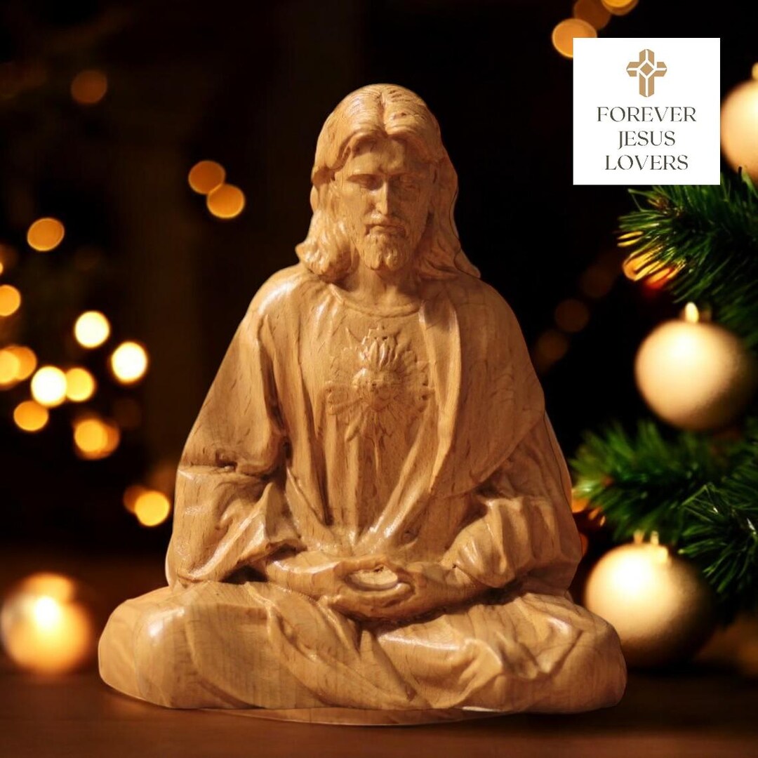 Sacred Heart of Jesus Wood Statue Contemplative Catholic Figurine ...